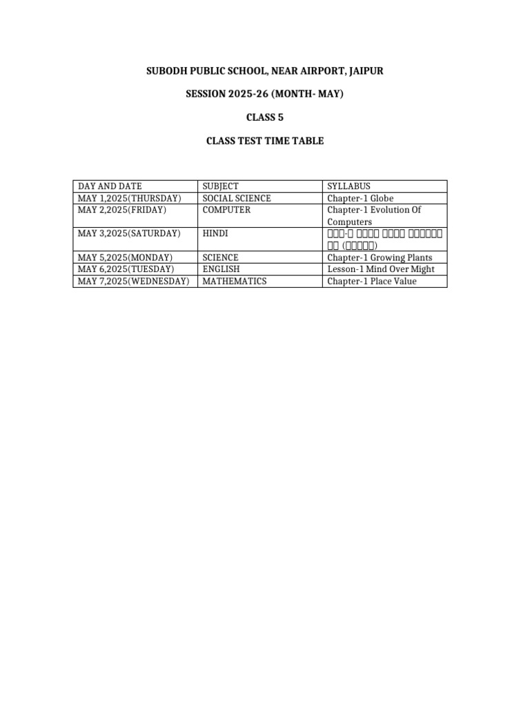 Class5 Test Timetable | PDF