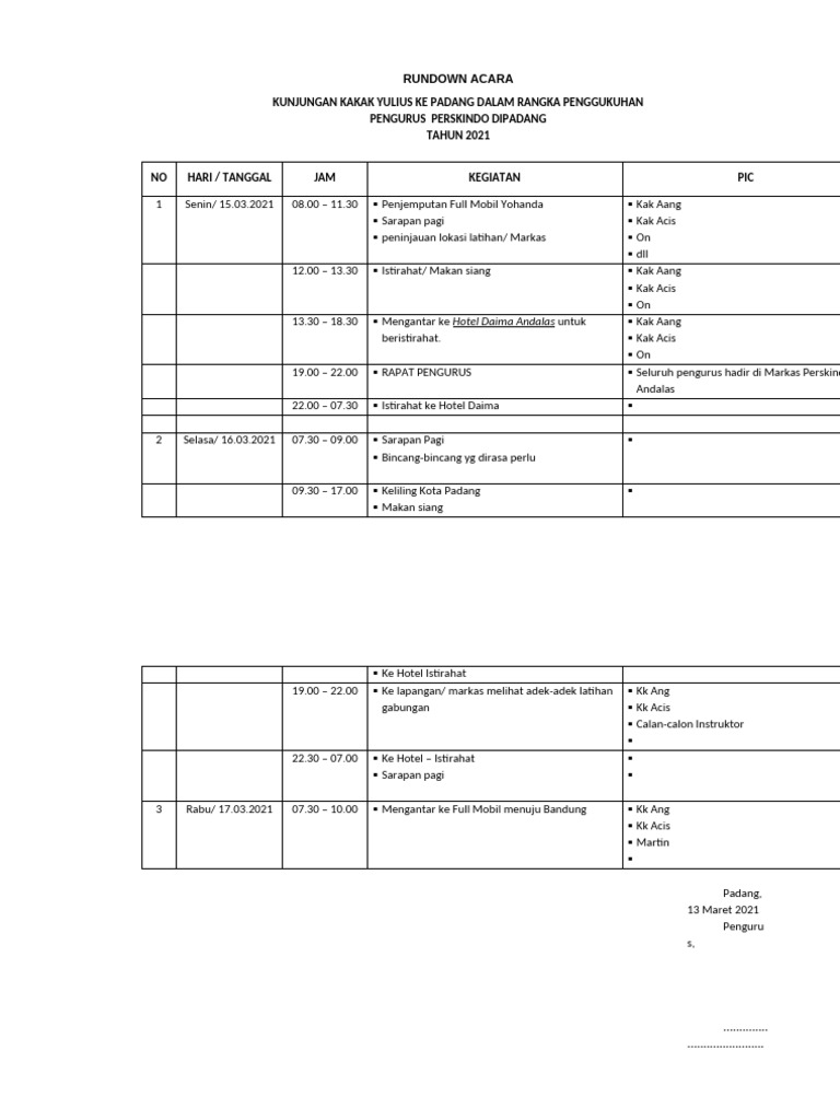 RUNDOWN ACARA PERSKINDO - KK YULIUS | PDF