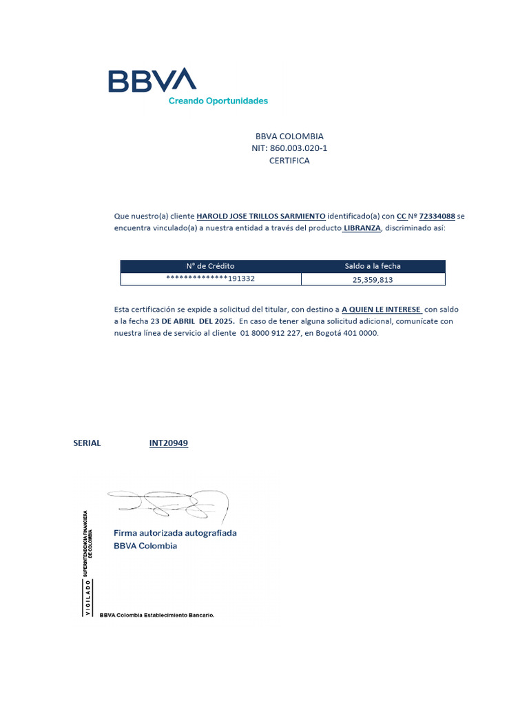 Certificado Bbva Harold Trillos | PDF