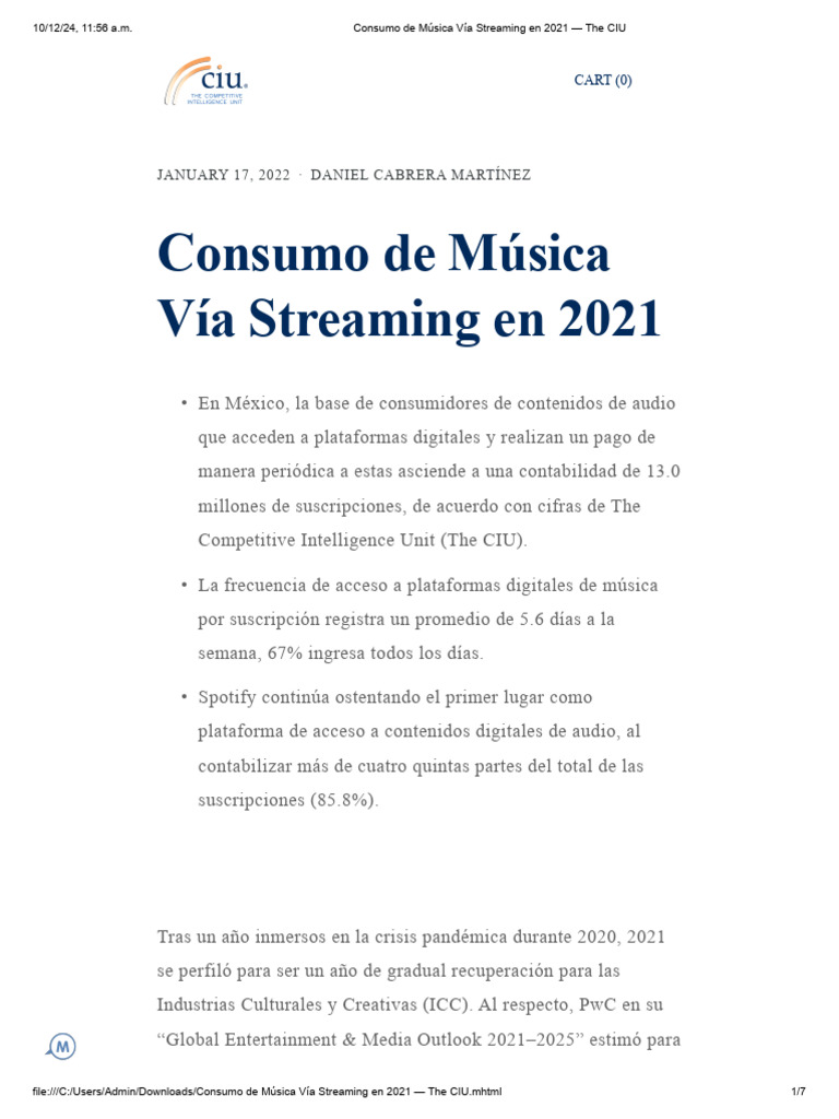 Consumo de Música Vía Streaming en 2021 - The CIU | PDF | Streaming Media | Spotify