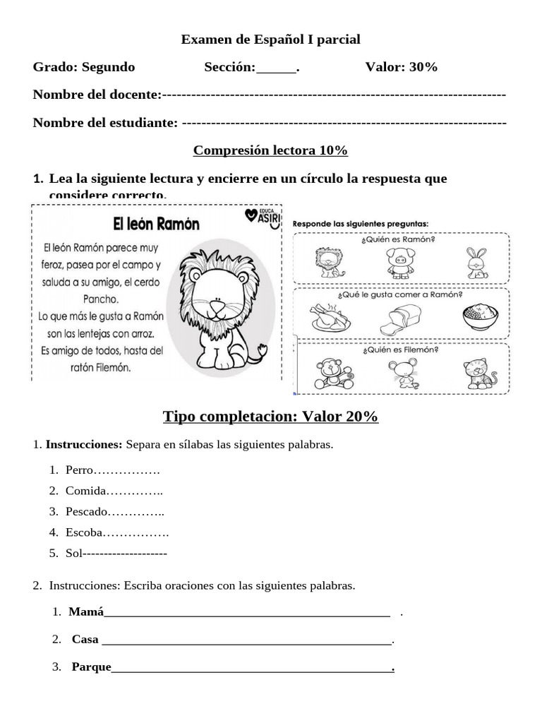 Examen Parcial Español I Segundo Grado | PDF