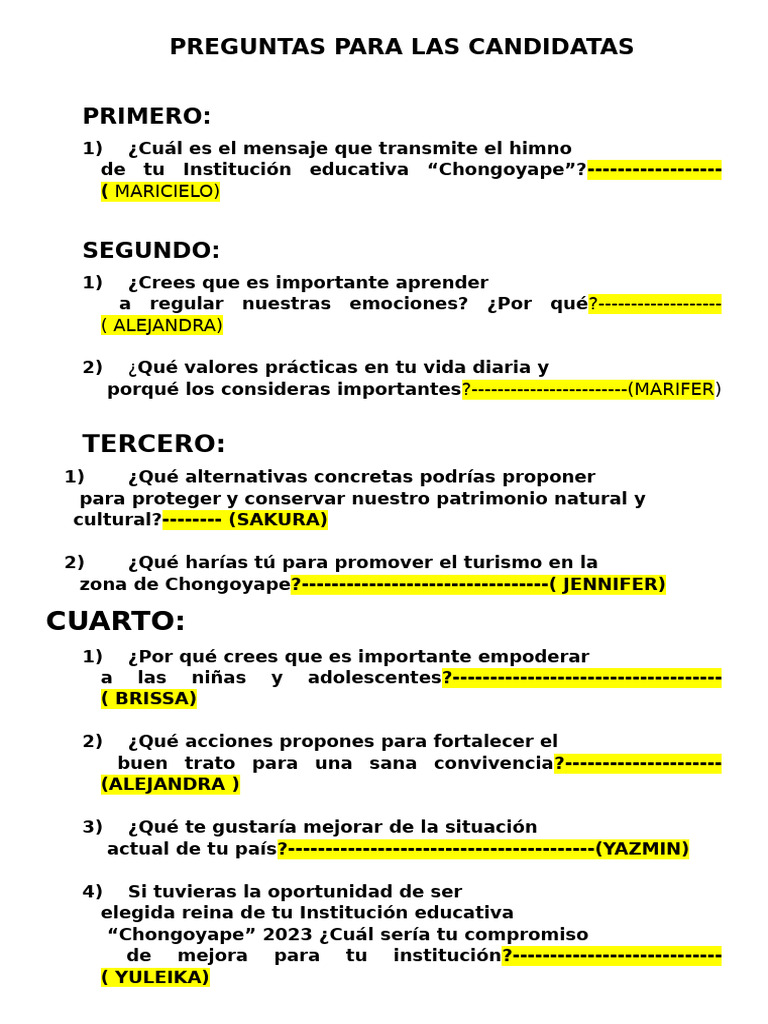 Preguntas para Las Candidatas-Reynado | PDF