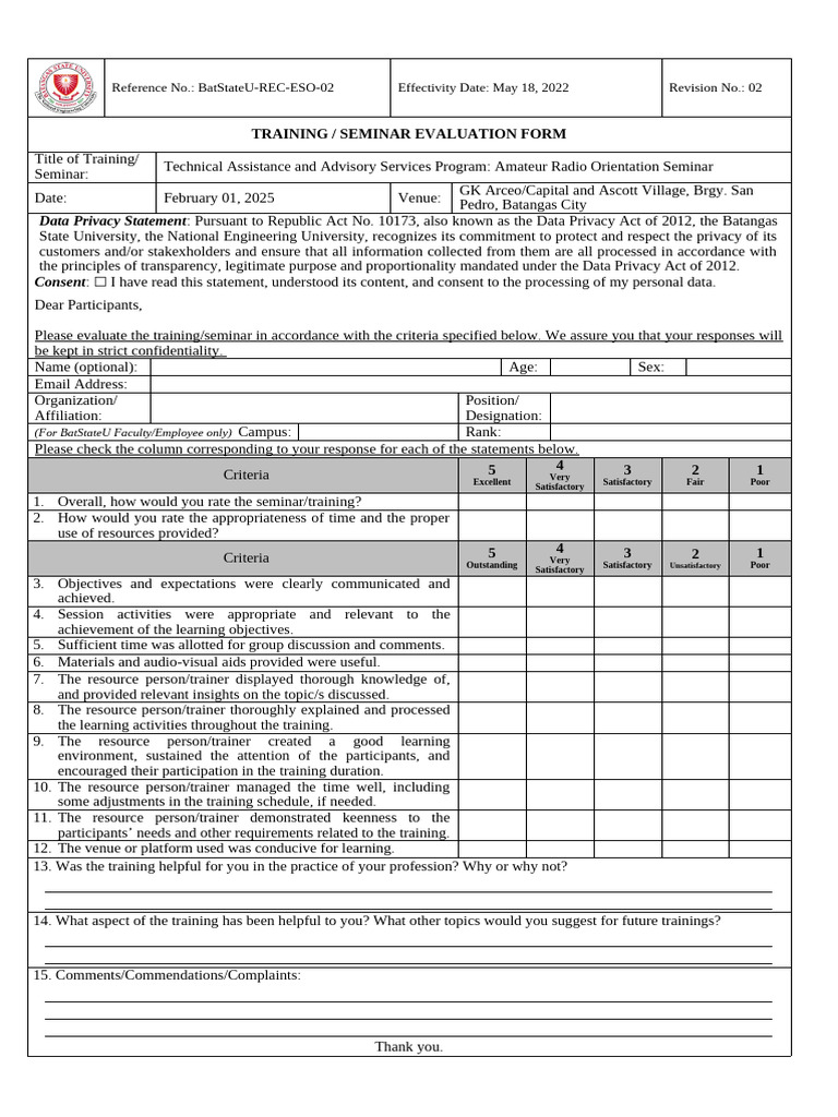 Amateur Radio Seminar Evaluation Form | PDF | Learning
