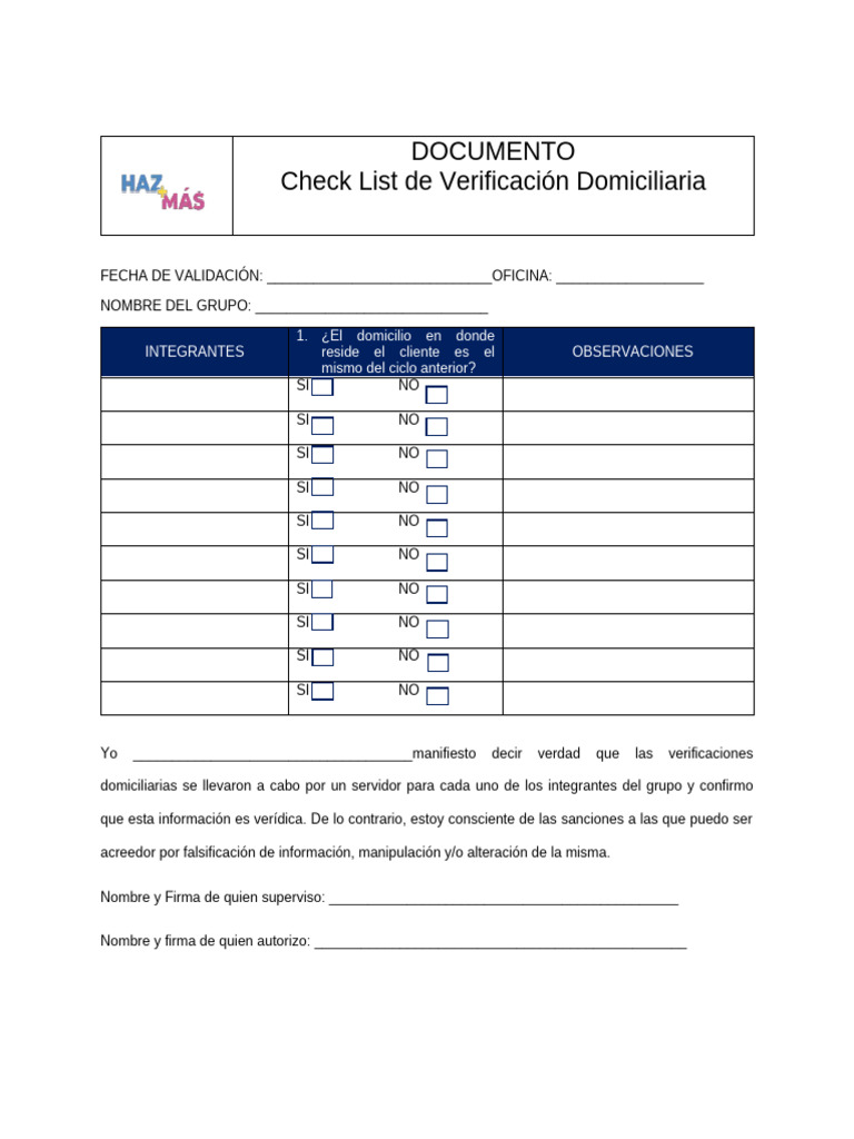 Check List de Verificacion Domiciliaria Grupal Haz Mas | PDF