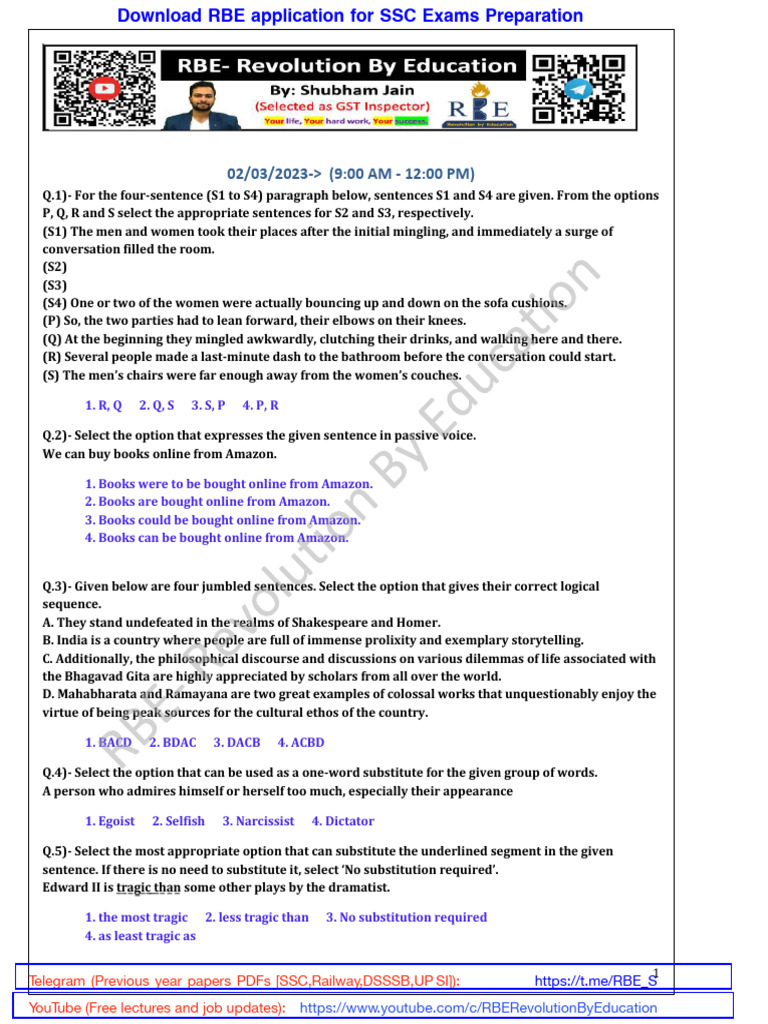 English Subject Compilation CGLE 2022 Tier II Paper I RBE Compressed | PDF