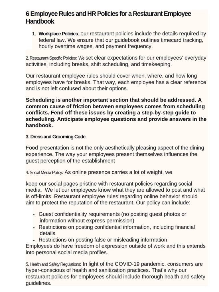 Restaurant Employee HR Policies Guide | PDF | Employment | Employee ...