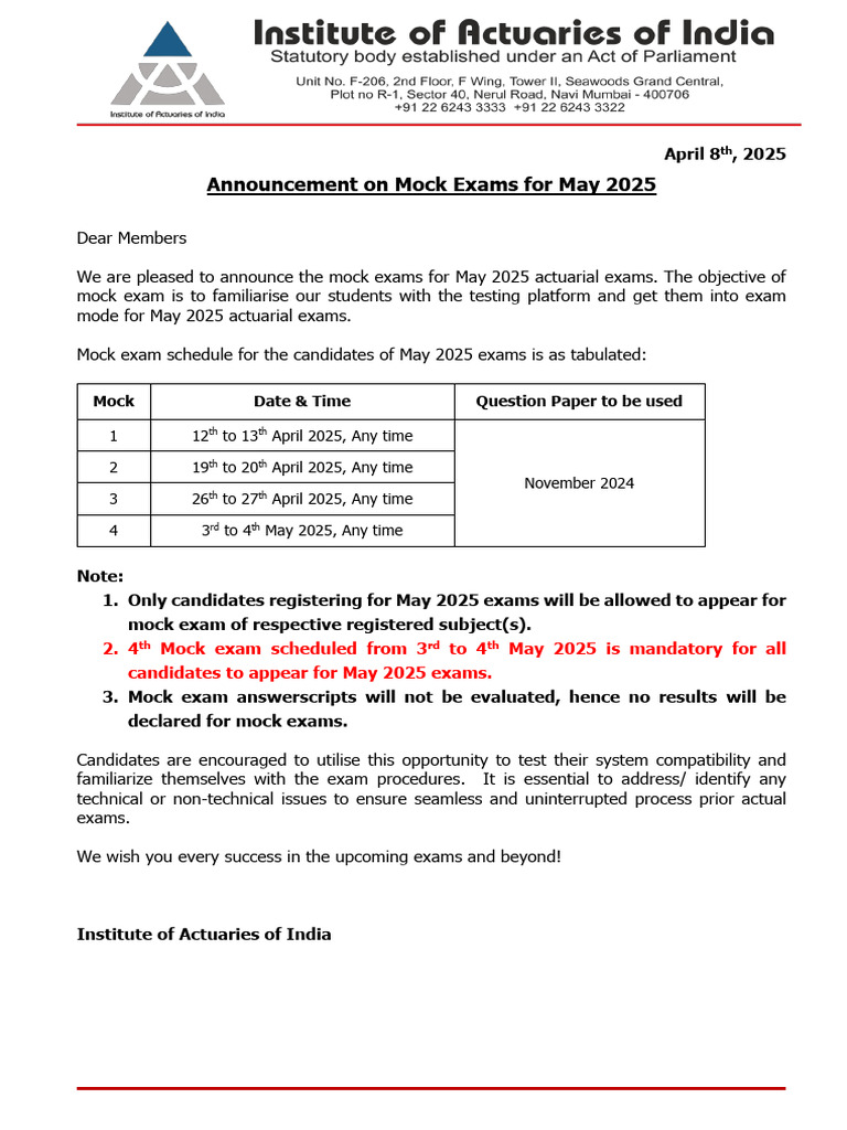 Announcement On Mock Exams For May 2025 | PDF