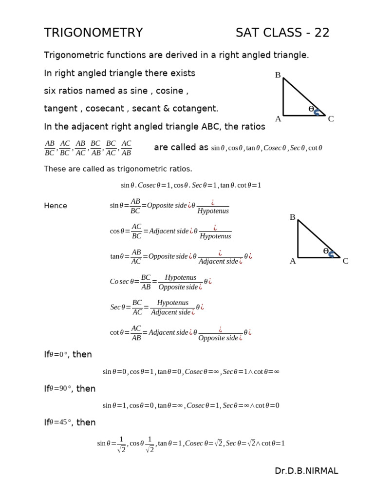 Sat Class - 22 | PDF | Trigonometric Functions | Trigonometry