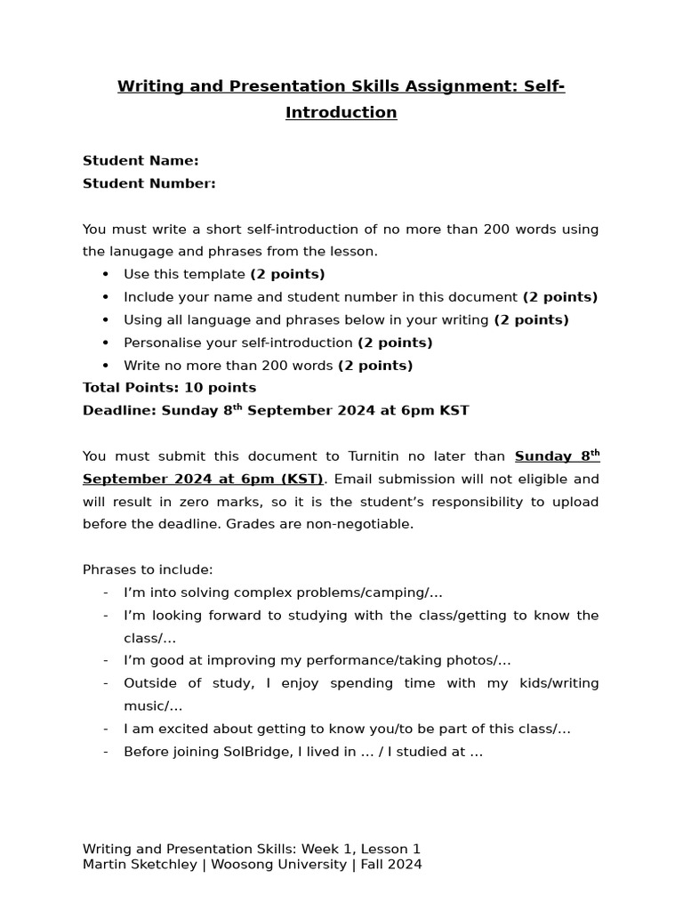 Writing and Presentation Skills (Week 1) - Student Self-Introduction | PDF