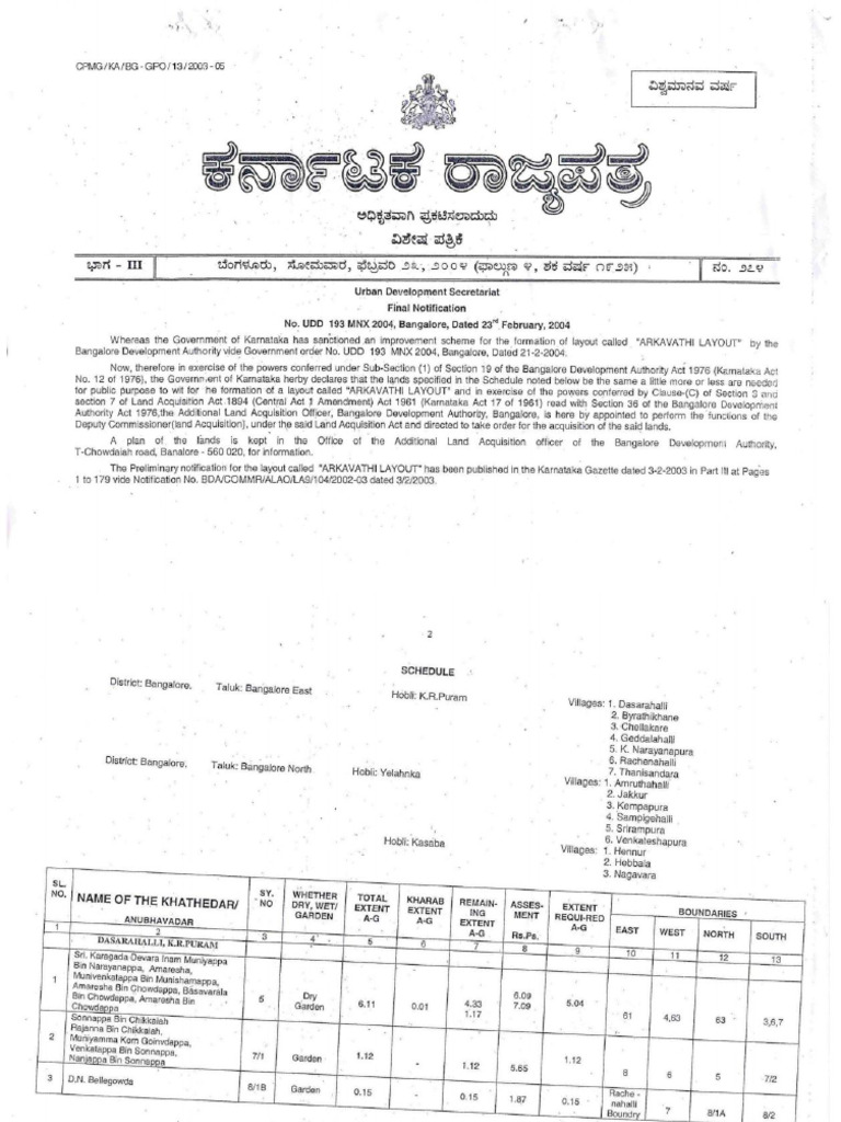Arkvathy - Final Notification 2004 | PDF