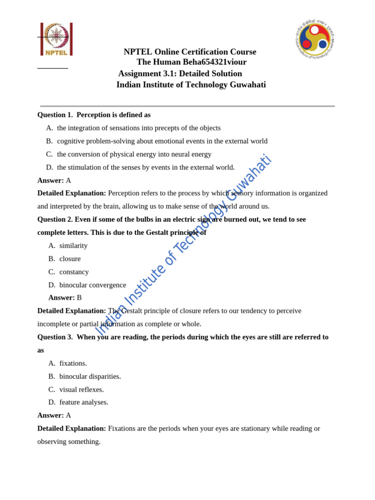 Assignment Solution Week 3.1 | PDF | Perception | Attention