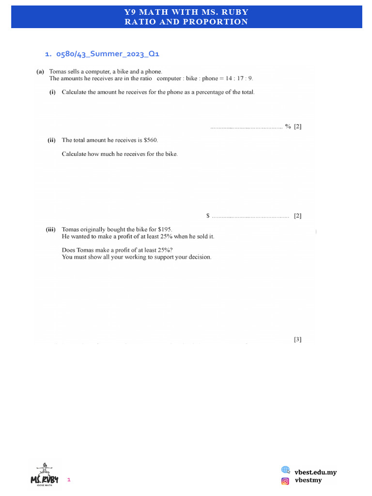 Y8 Math_Ratio&Proportion_Tenby | PDF