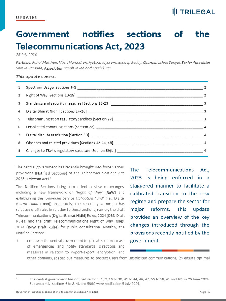 Telecom Act 2023: Key Sections Notified | PDF | Telecommunications ...