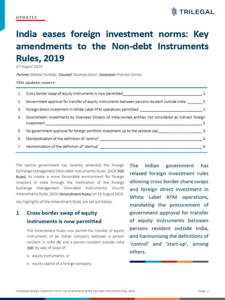 Trilegal Update India Eases Foreign Investment Norms Key Amendments To ...