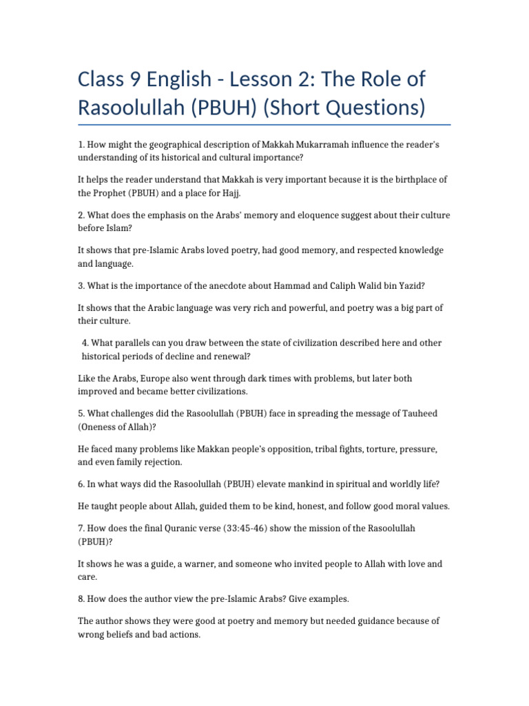 Class 9 English Lesson 2 Role of Rasoolullah | PDF