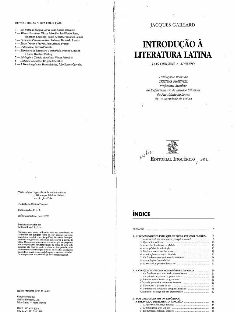 GAILLARD, Jacques. Introdução À Literatura Latina - Das Origens A ...