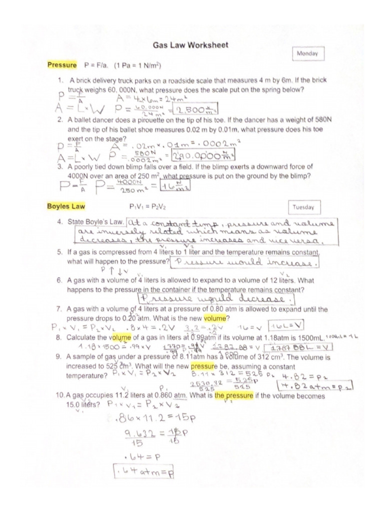 Gas Law Worksheet | PDF