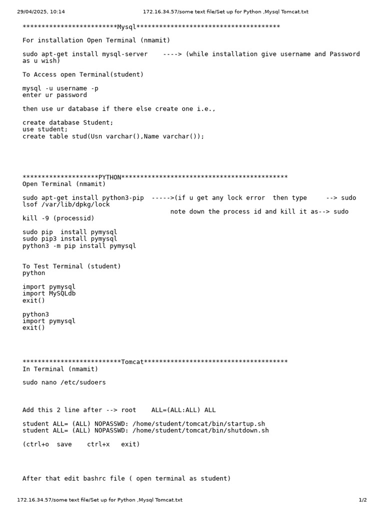 Set Up For Python, Mysql Tomcat | PDF