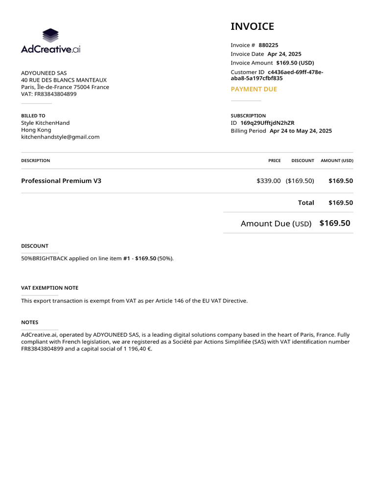 Invoice for Subscription to AdCreative.ai | PDF | Invoice | Value Added Tax
