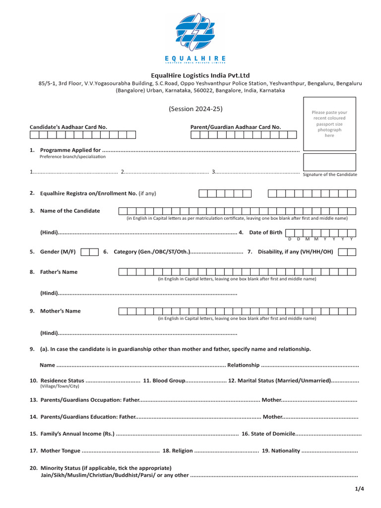 EqualHire Logistics India Pvt.Ltd, -Application-form-2024-25 | PDF | Justice | Crime & Violence