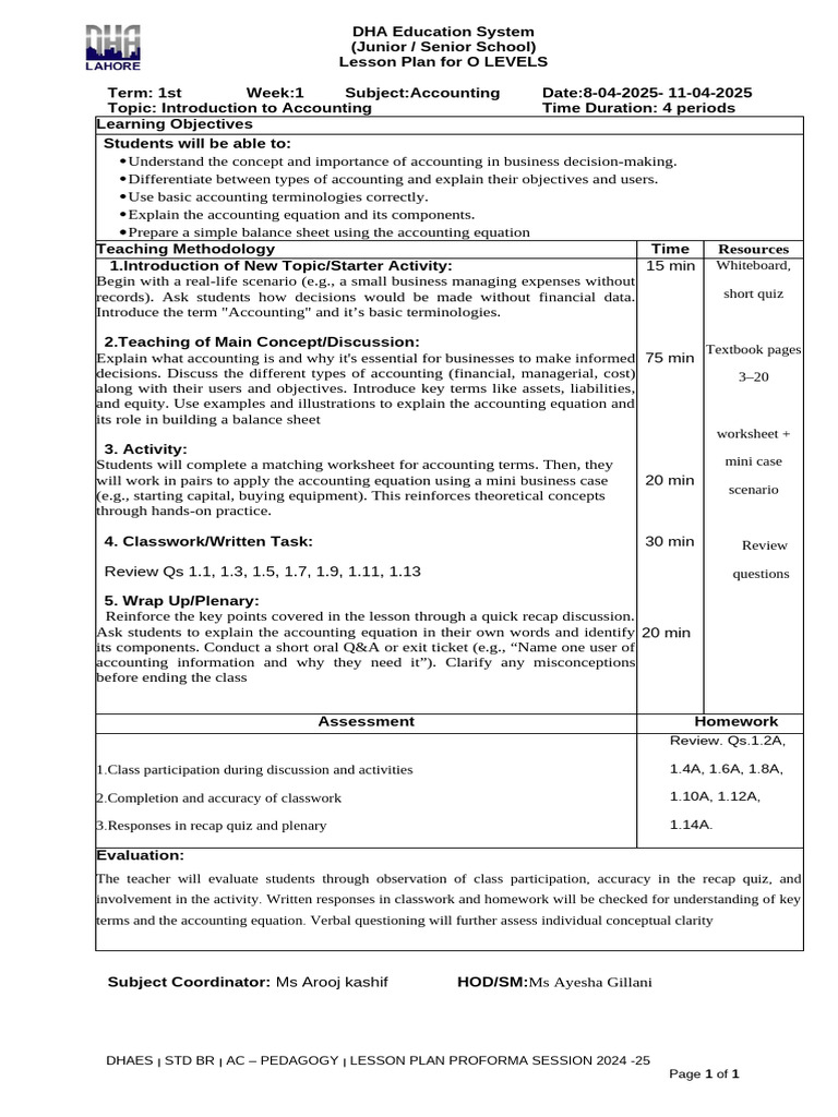 Lesson Plan ACCOUNTING C1 2024-25 | PDF | Balance Sheet | Cognition