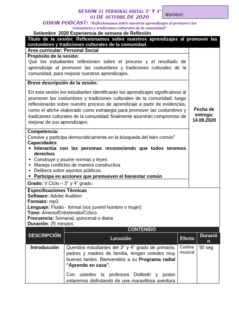 01-10-2020 Guion Primaria 3°-4° Psoc. Sesión 21 | PDF | Aprendizaje