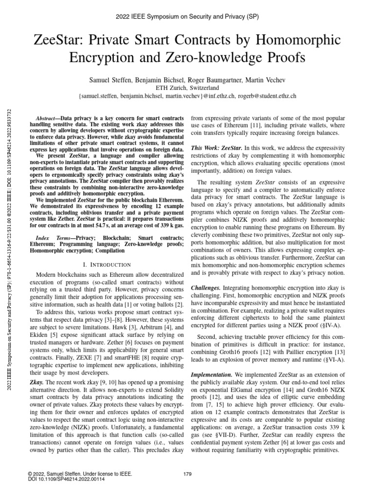 ZeeStar Private Smart Contracts by Homomorphic Encryption and Zero-knowledge Proofs | PDF ...