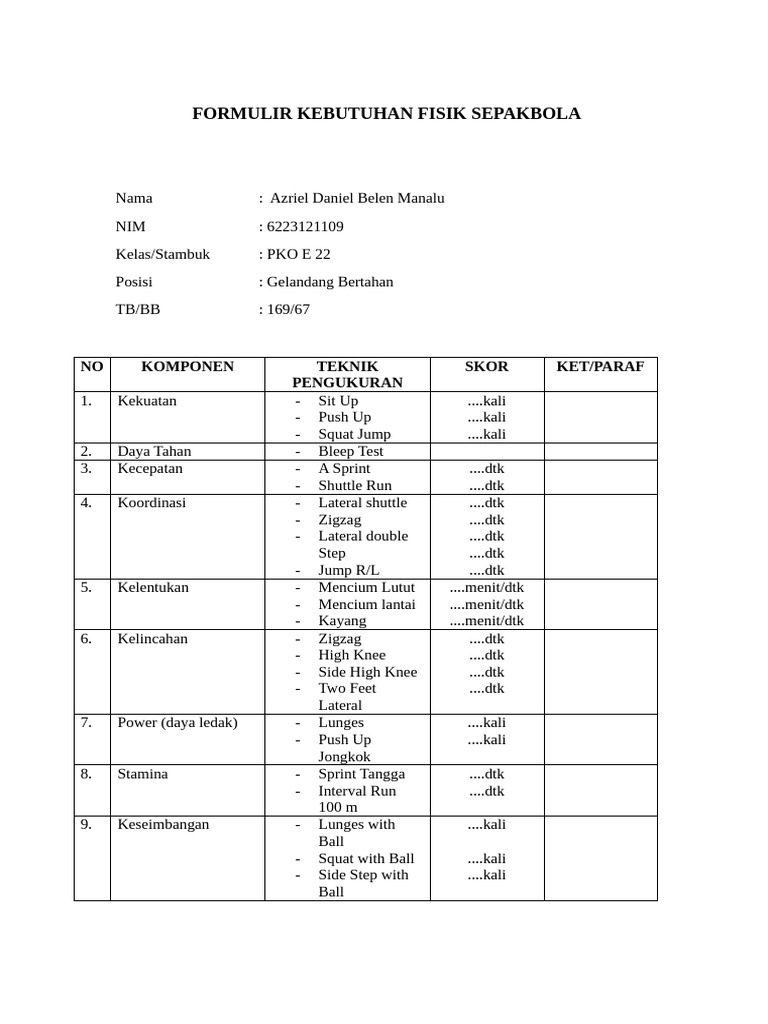 FORMULIR KEBUTUHAN FISIK SEPAKBOLA Azriel Manalu | PDF