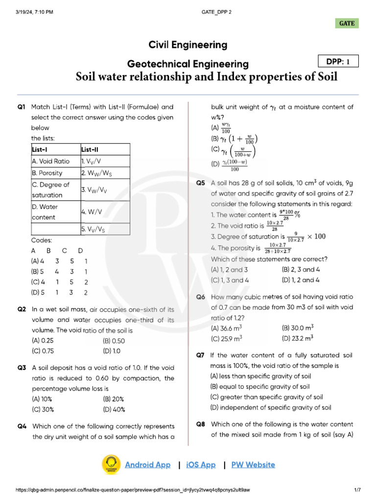 Soil Water Relationship and Index Properties of Soil - DPP 01 (By Badal Sir) | PDF
