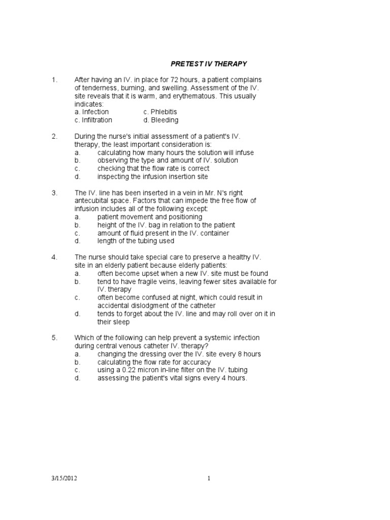 Pretest IV Therapy | PDF | Intravenous Therapy | Medicine