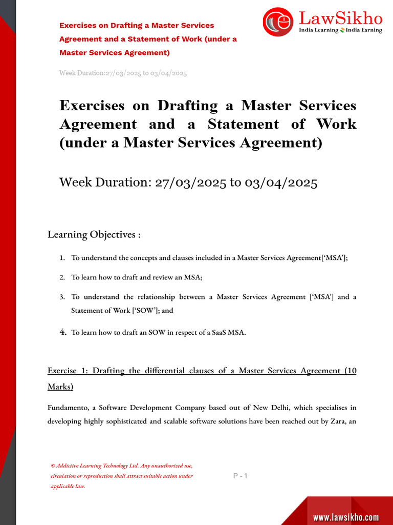 Weekly Exercises On Drafting A Master Services Agreement and A ...