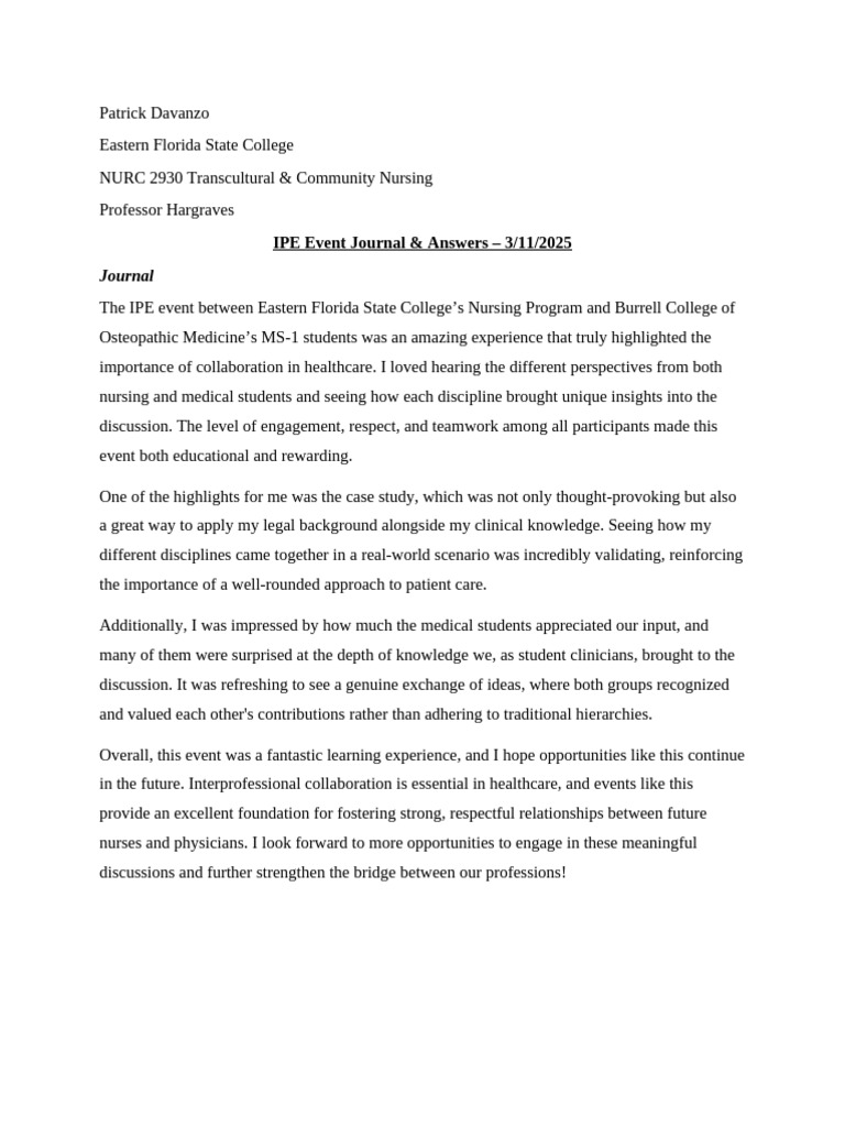 IPE Event Journal & Answers | PDF | Malnutrition | Health Insurance Portability And ...