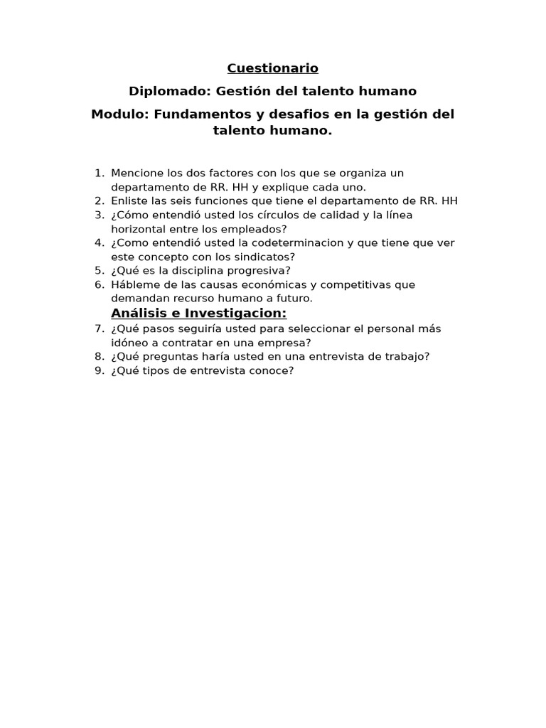 Cuestionario GTH | PDF