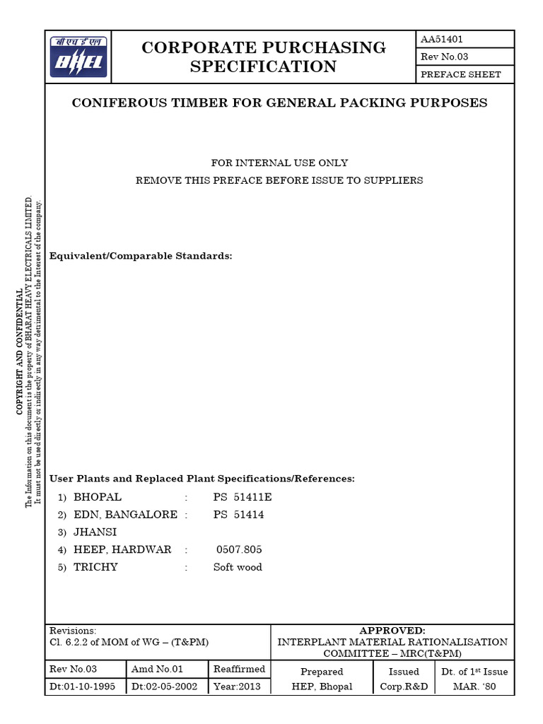 Bhel Packing Wood Specification | PDF | Lumber | Length
