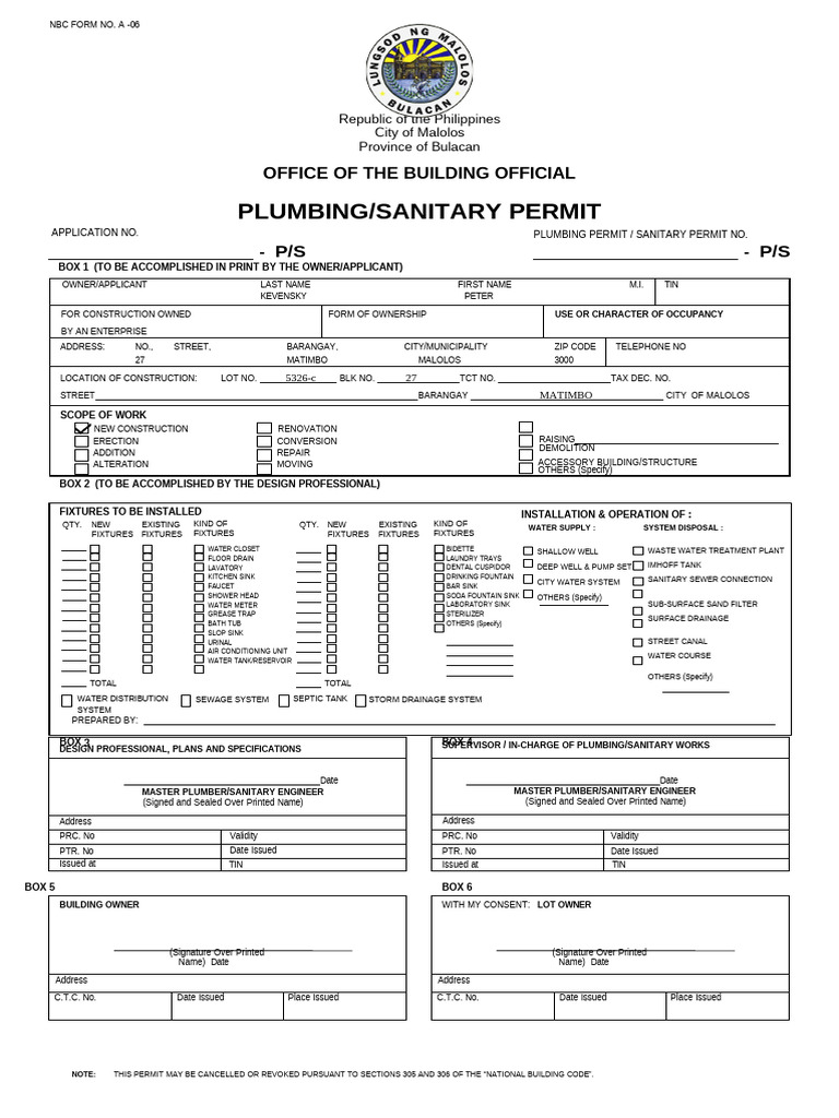 Plumbing Sanitary Permit Front and Back | PDF | Plumbing | Sink