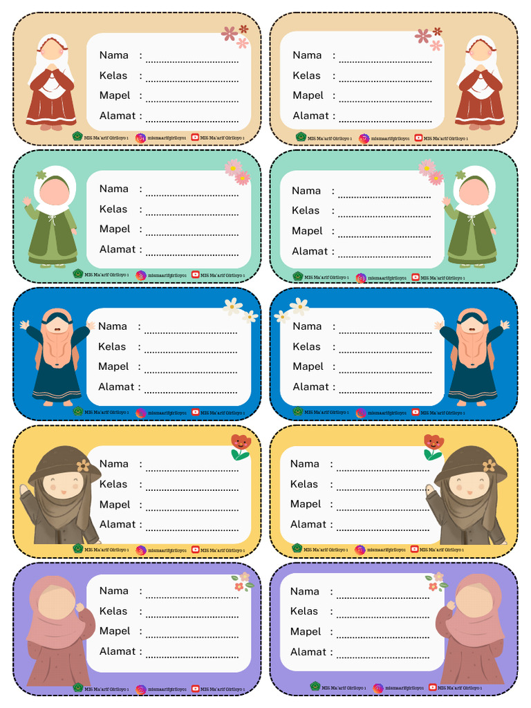 Warna-Warni Lucu Simpel Ceria Label Nama Sekolah Anak Dokumen A4 | PDF