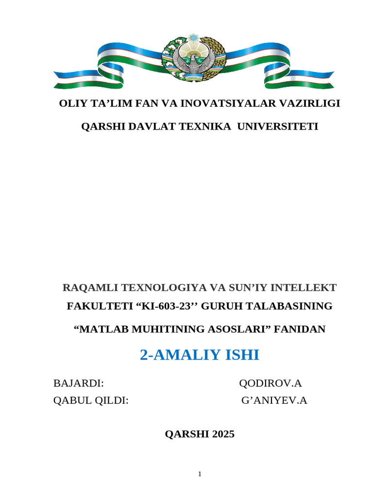 Matlab 2-Amaliy Ish Q.A | PDF