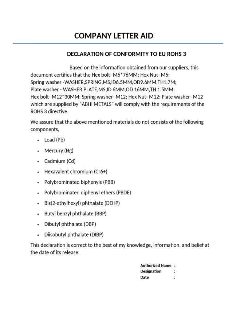 ROHS 3 Compliance Declaration | PDF