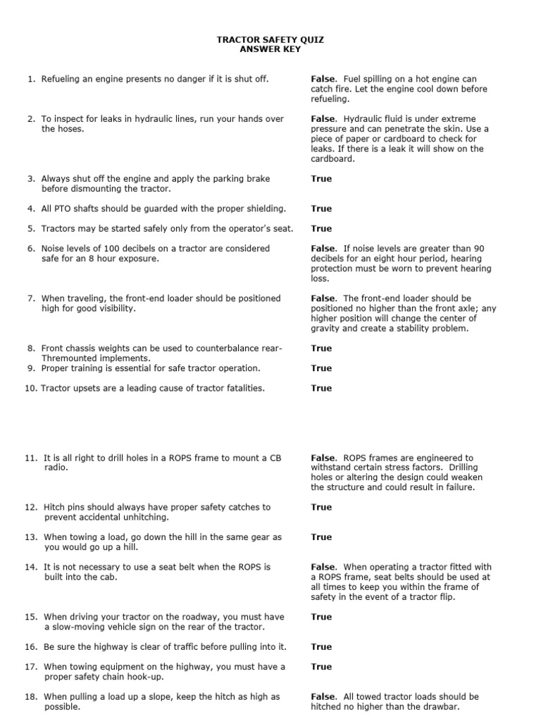 Tractor Safety Quiz Answers | PDF | Tractor | Vehicles