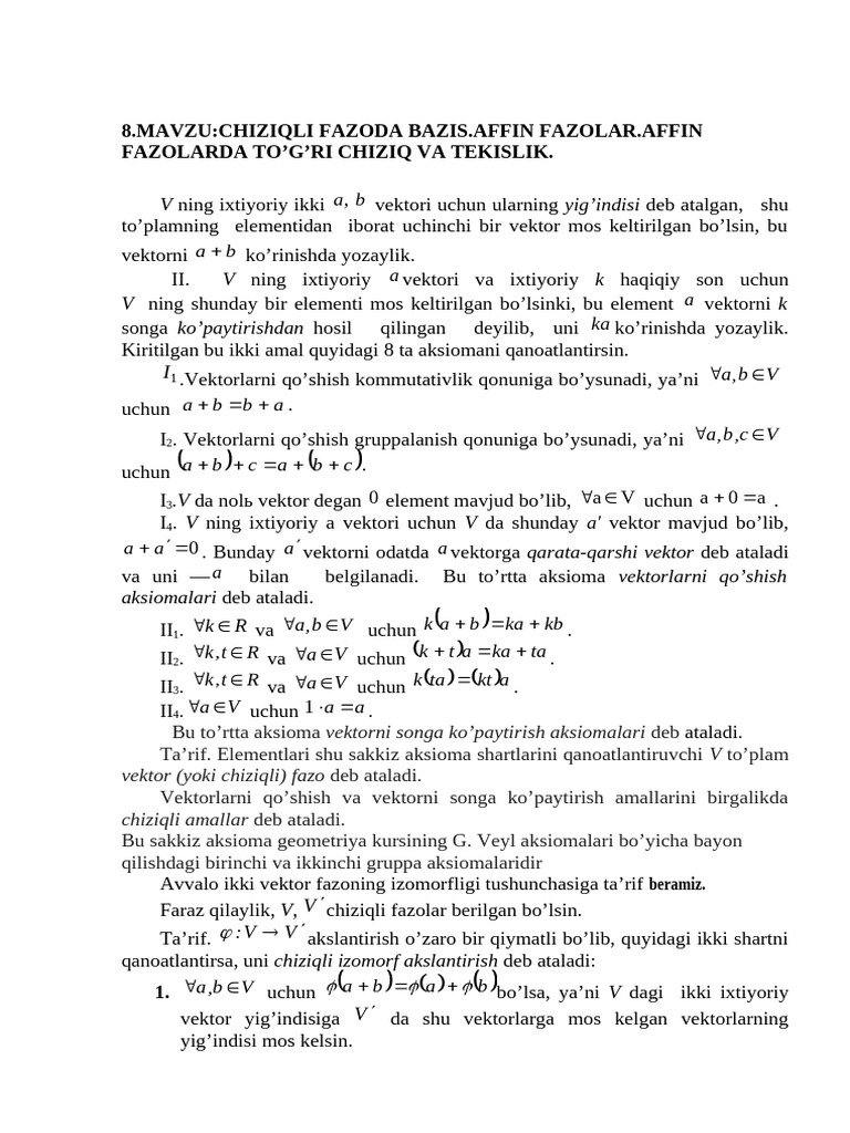 V Yig'indisi: 8.Mavzu:Chiziqli Fazoda Bazis - Affin Fazolar - Affin ...