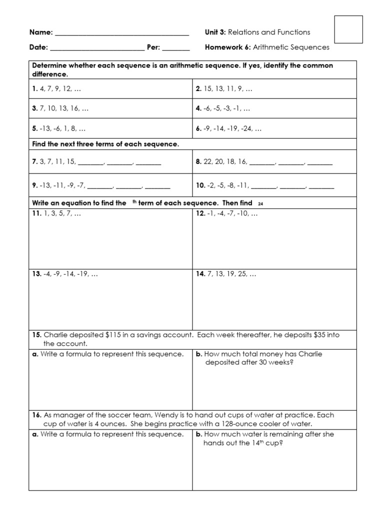 Unit 3 - Arithmetic Sequences Homework | PDF | Abstract Algebra ...