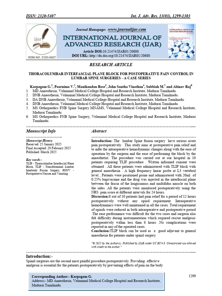 Thoracolumbar Interfascial Plane Block For Postoperative Pain Control ...