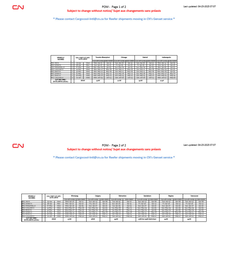 Reefer Shipment Cut-off Schedule | PDF