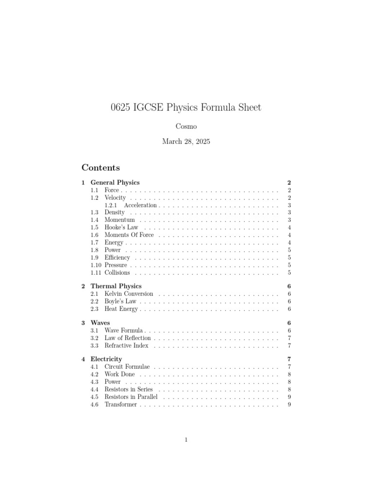 IGCSE Formula Sheet 2024 Syllabus | PDF | Force | Refraction