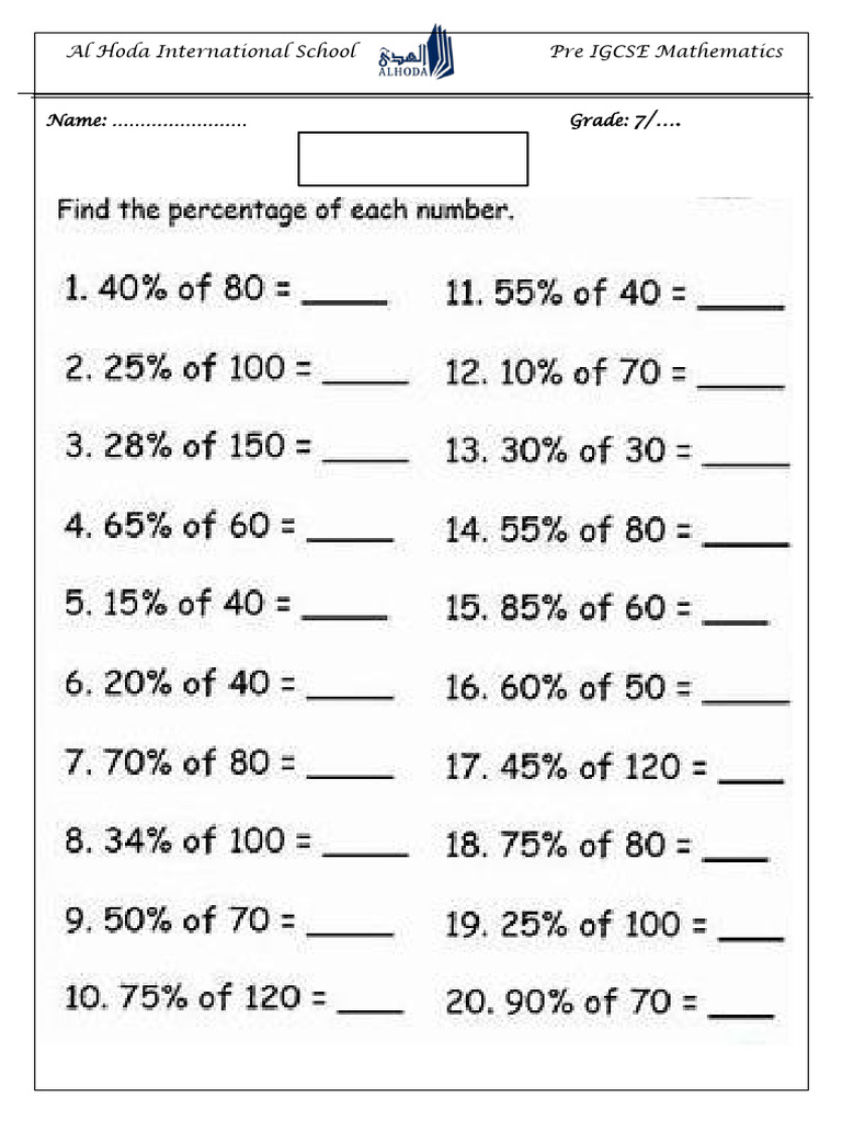 Percentage Worksheet | PDF