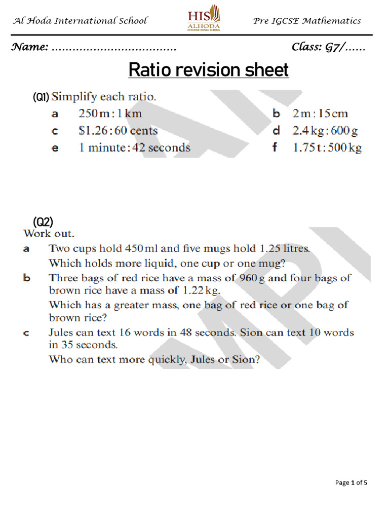 Ratio Revision Sheet | PDF