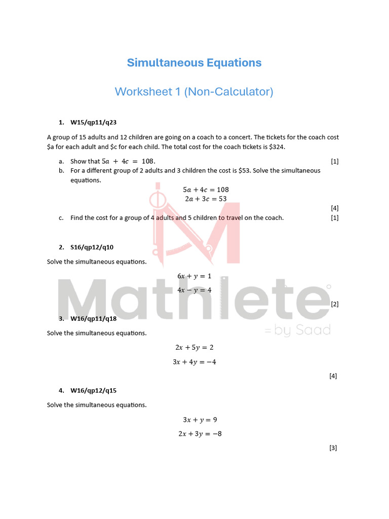 1-Simultaneous Equations Worksheet 1 | PDF