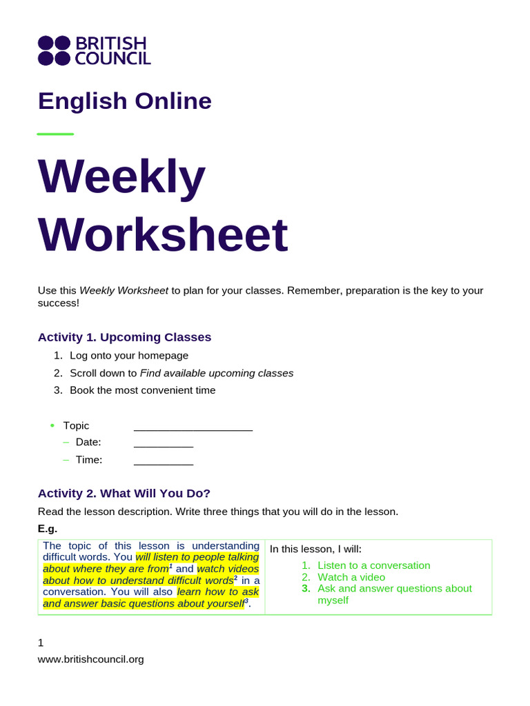 Weekly English Class Planning Worksheet | PDF