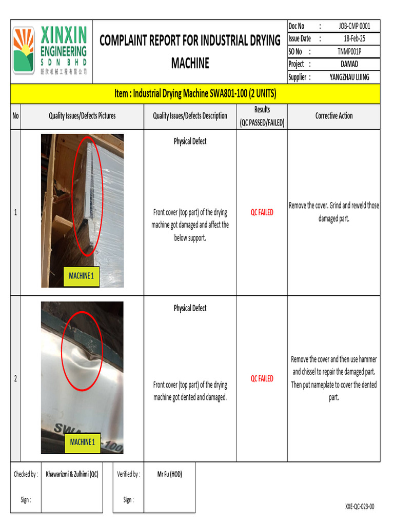 Complaint Report of Industrial Drying Machine | PDF | Screw ...
