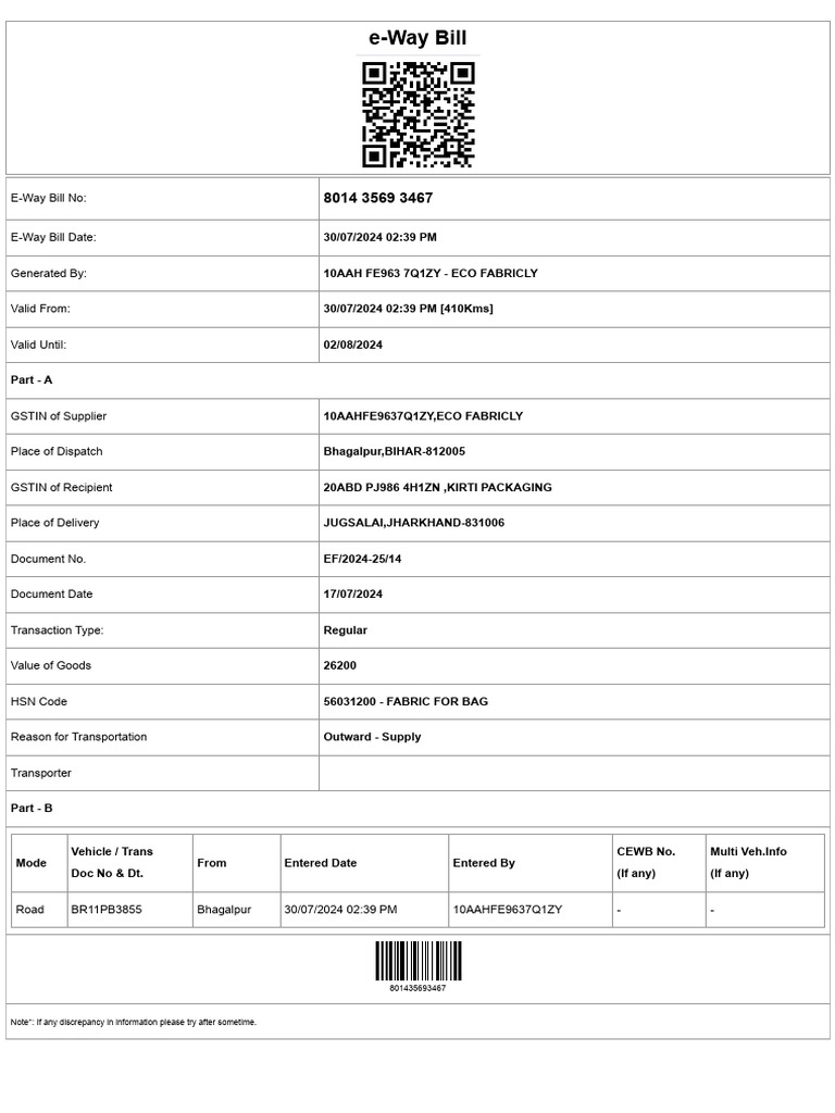 E-Way Bill NO. 14 KRITI | PDF